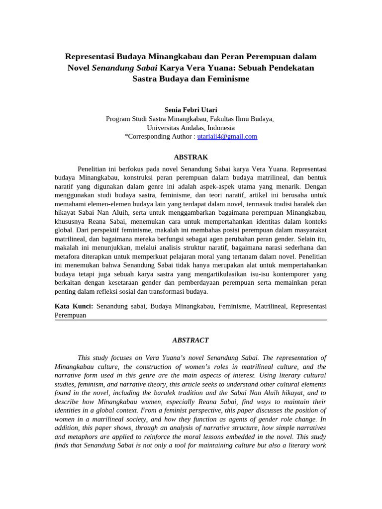 Artikel Representasi Budaya Minangkabau Dan Peran Perempuan Dalam Novel Senandung Sabai Karya ...