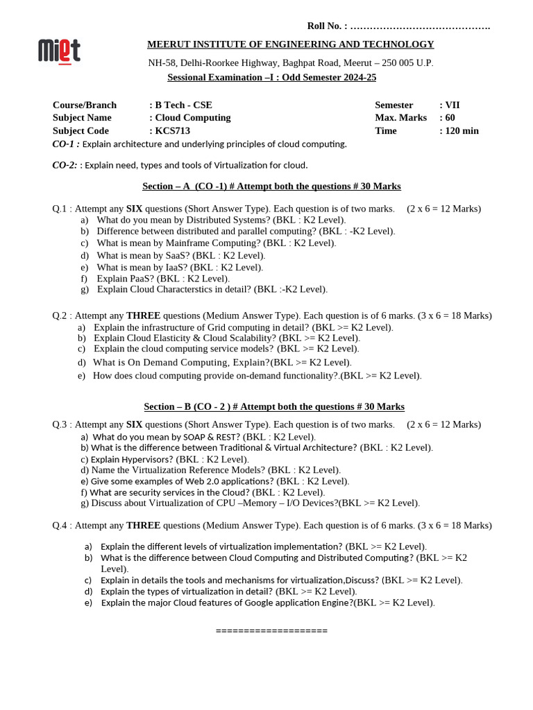 CLOUD - COMPUTING Sessional Examination - I | PDF | Cloud Computing | Virtualization
