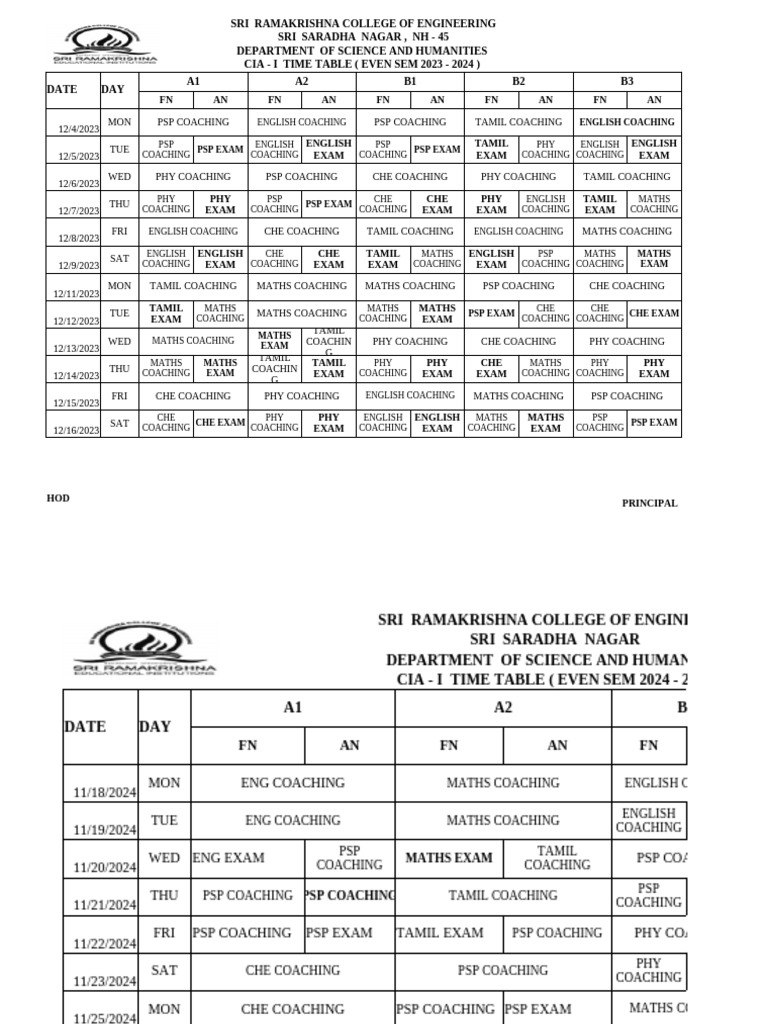 CIA I Time Table Odd Sem 2025 | PDF