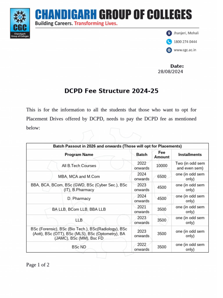 DCPD Fee Structure and Registration Guidelines 2024-25 | PDF