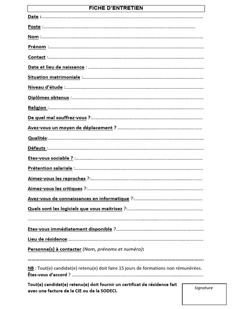 Fiche D'entretien (ABIDJAN) | PDF