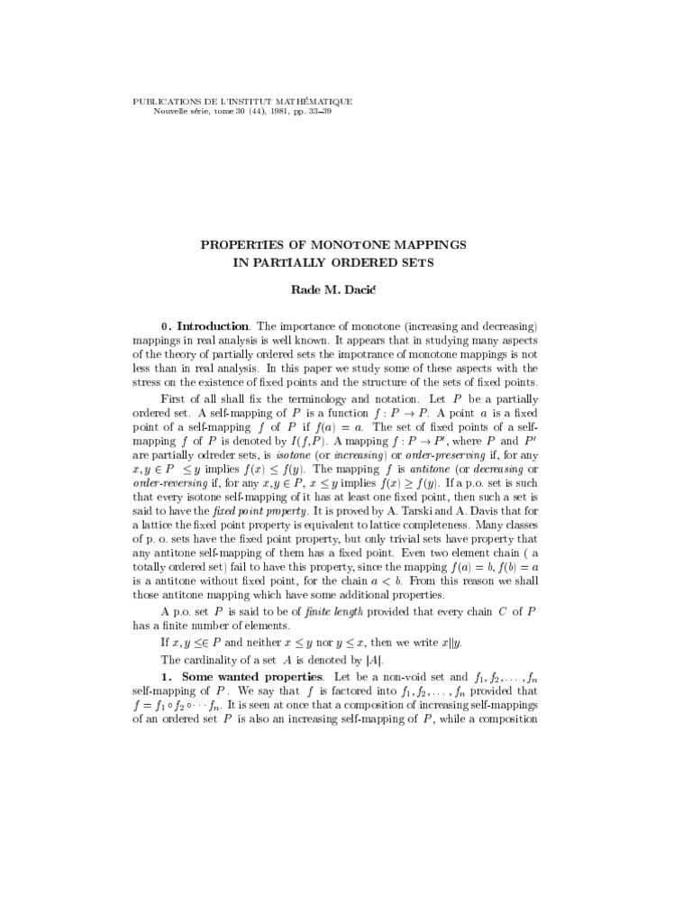 1981 Dacic Properties Of Monotone Mappings In Partially Ordered Sets Pdf Monotonic 