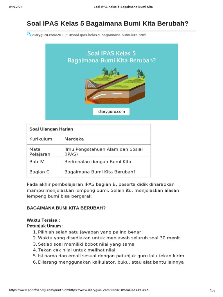 Kelas 5 Soal IPAS Bab 4.3 Kelas 5 Bagaimana Bumi Kita Berubah_ (1) | PDF