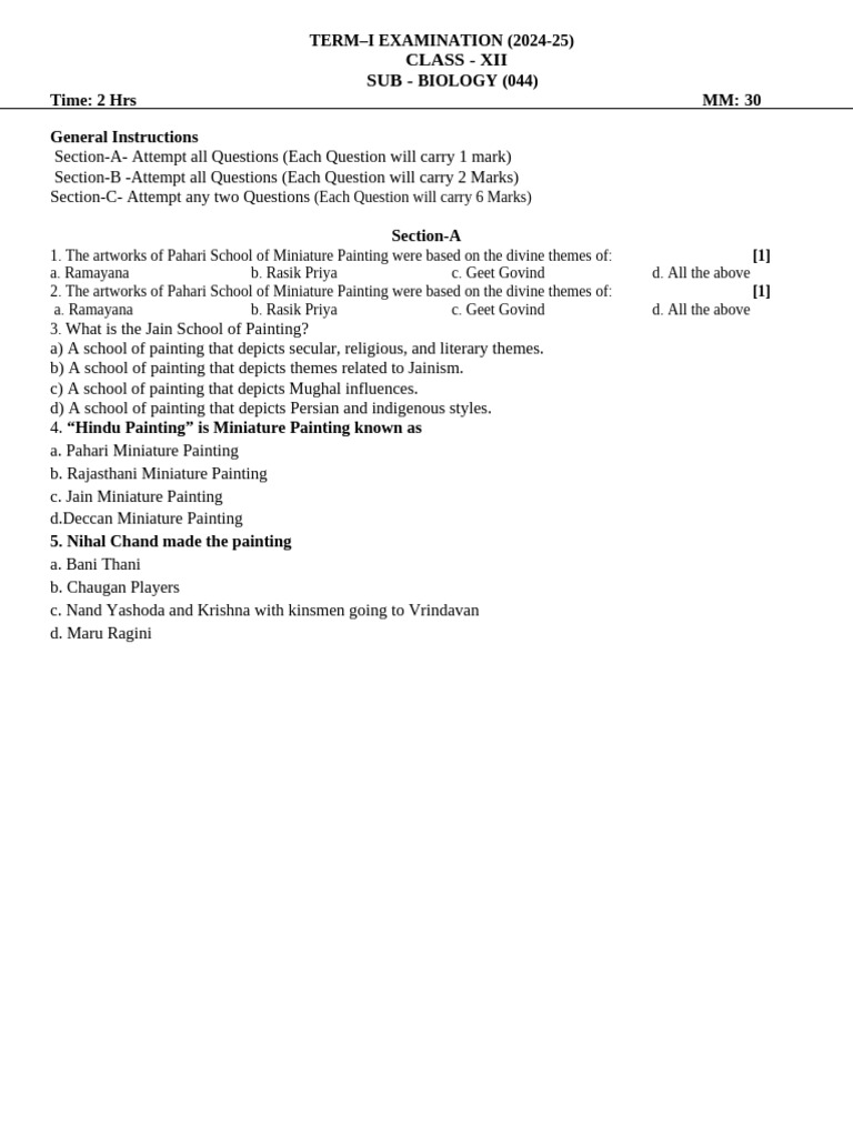 Class XII Biology Exam Paper | PDF