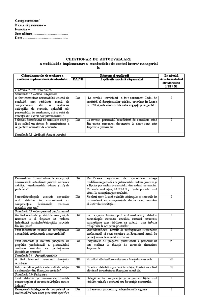 CHESTIONAR DE AUTOEVALUARE