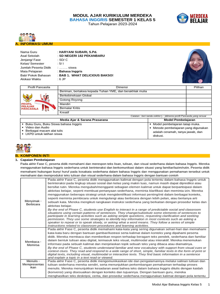 Modul Inggris SMTR 1 Kelas 5 (2023) | PDF