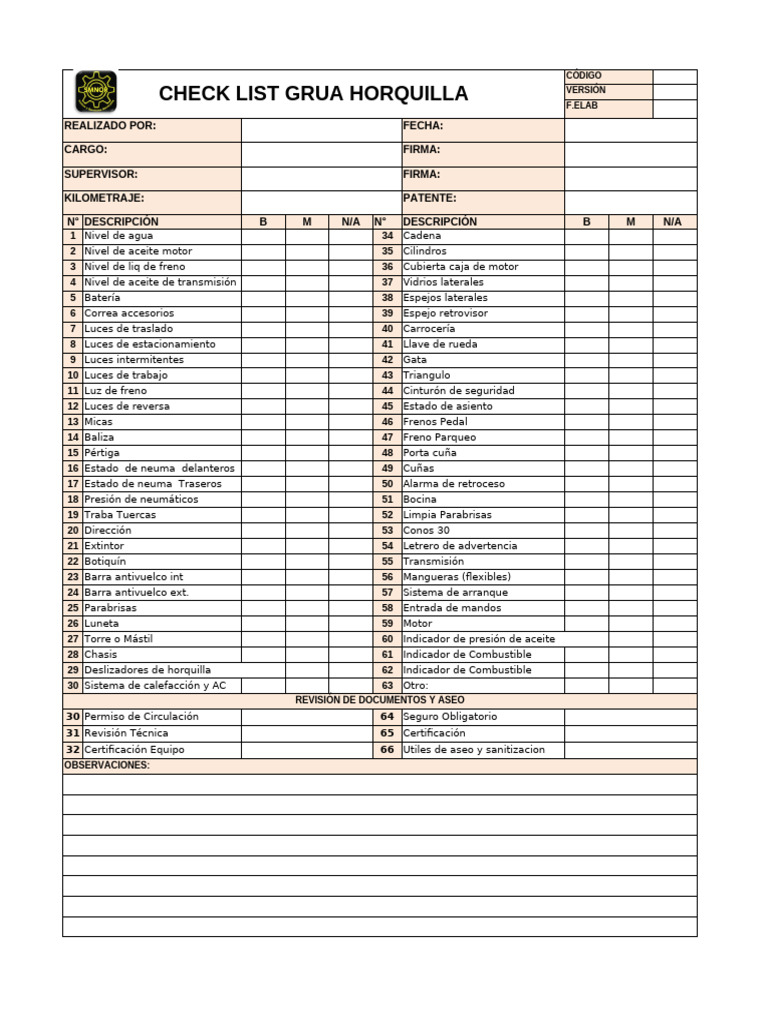 Check List para Grúa Horquilla | PDF | Vehículos terrestres | Vehículo ...