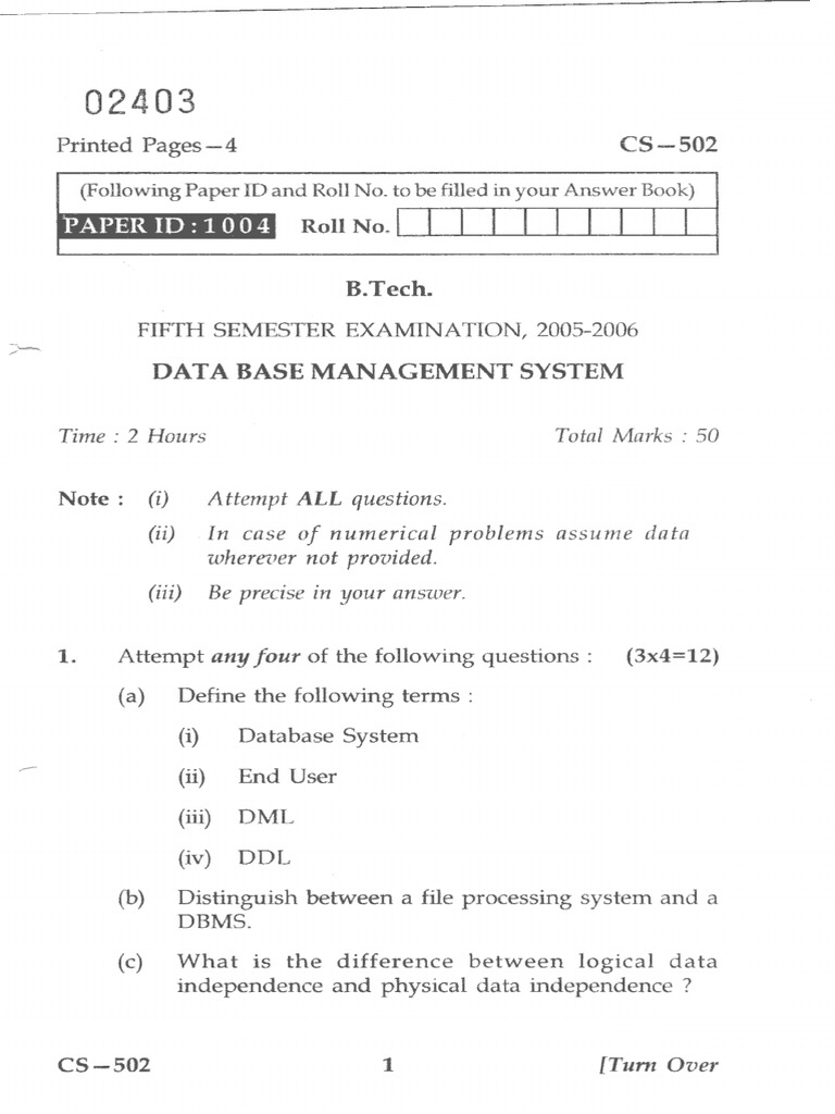 Btech Cs 5 Sem Data Base Management System Cs 502 2006 | PDF