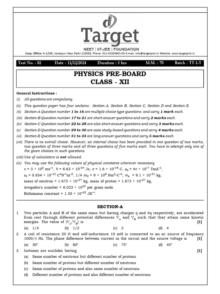 Physics Pre Board | PDF | Electron | P–N Junction
