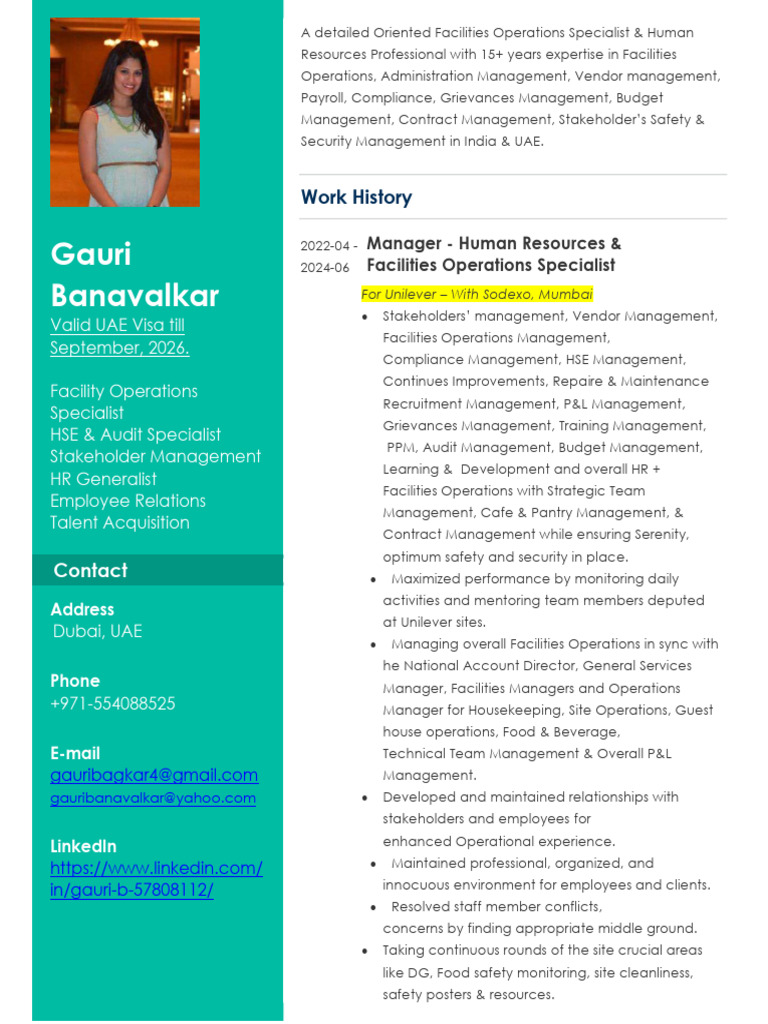 Gauri Banavalkar Facility Management Updated Resume | PDF | Human Resource Management | Leadership