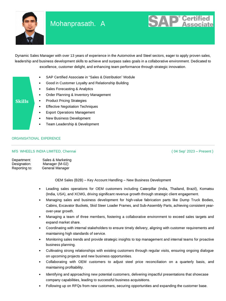 Mohan Prasath_Head Sales | PDF | Supply Chain | Sales