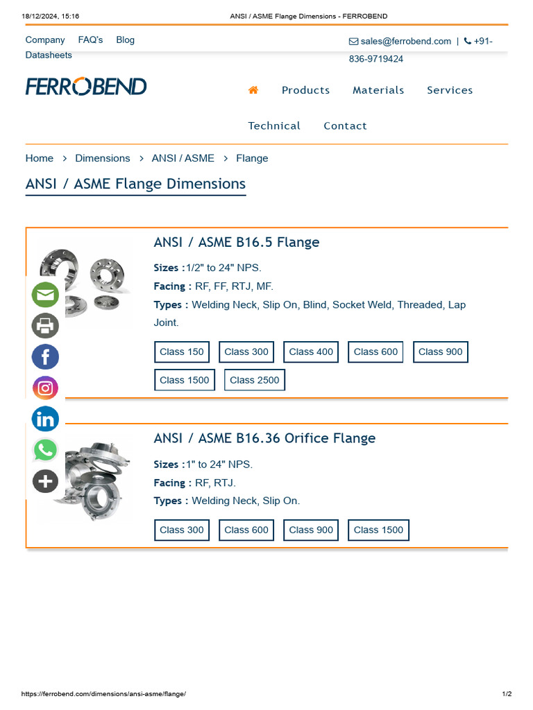 ANSI - ASME Flange Dimensions - FERROBEND | PDF | Industrial Processes | Secondary Sector Of The ...