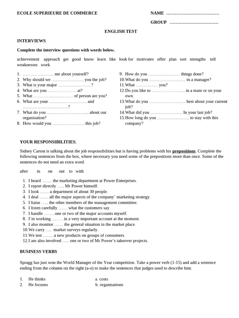 English Test for Business Interviews | PDF