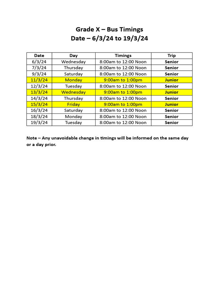 Grade X Bus Timings Schedule | PDF