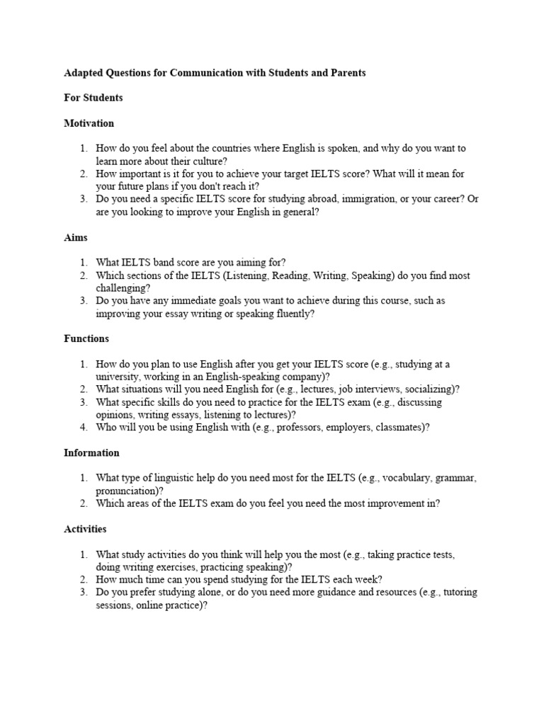 Adapted Questions for Communication with Students and Parents | PDF ...