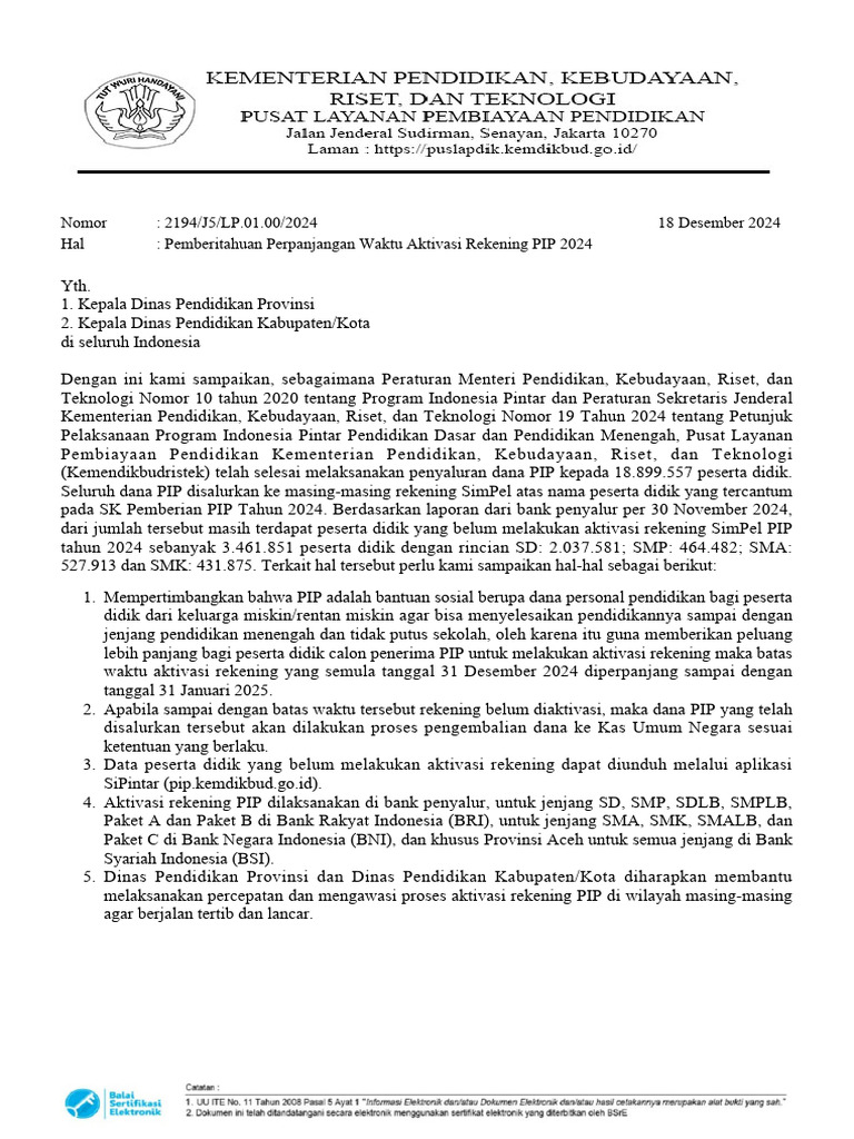Pemberitahuan Perpanjangan Batas Waktu Aktivasi Rekening PIP Dinas | PDF