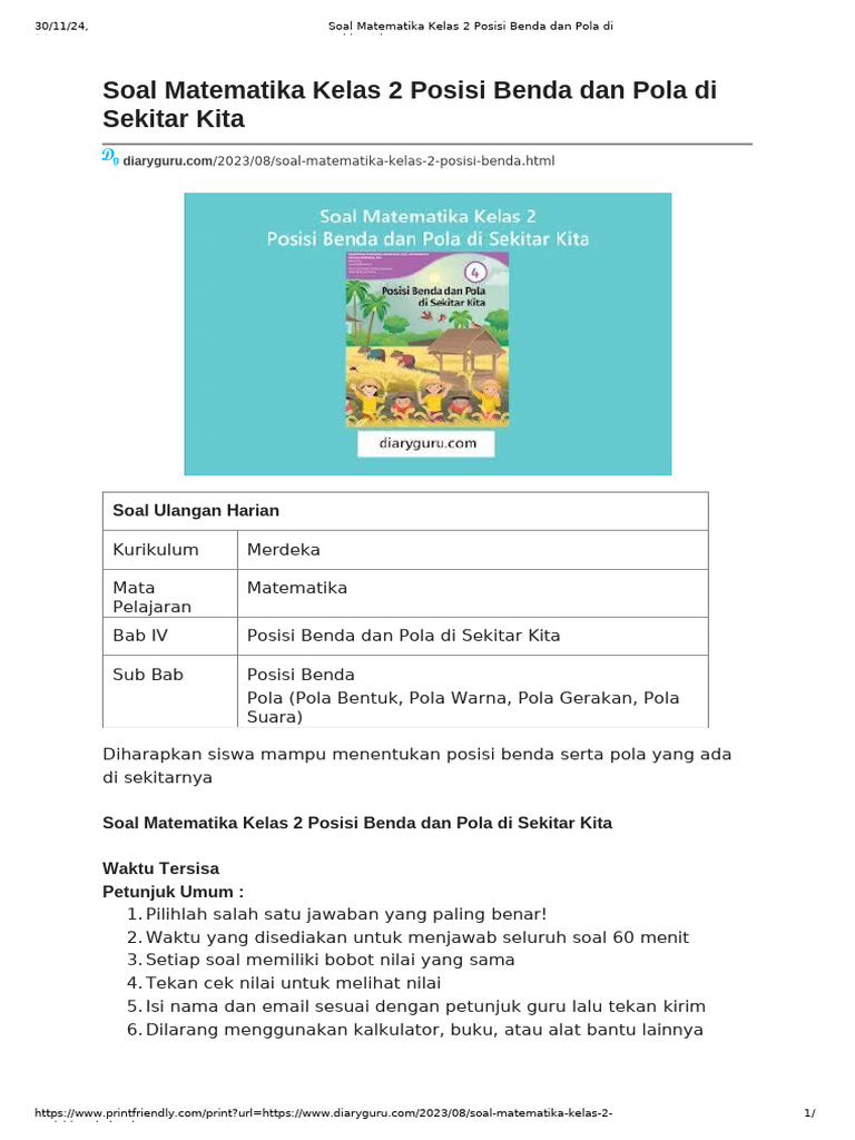 Soal Matematika Kelas 2 Bab 4 Posisi Benda Dan Pola Di Sekitar Kita | PDF