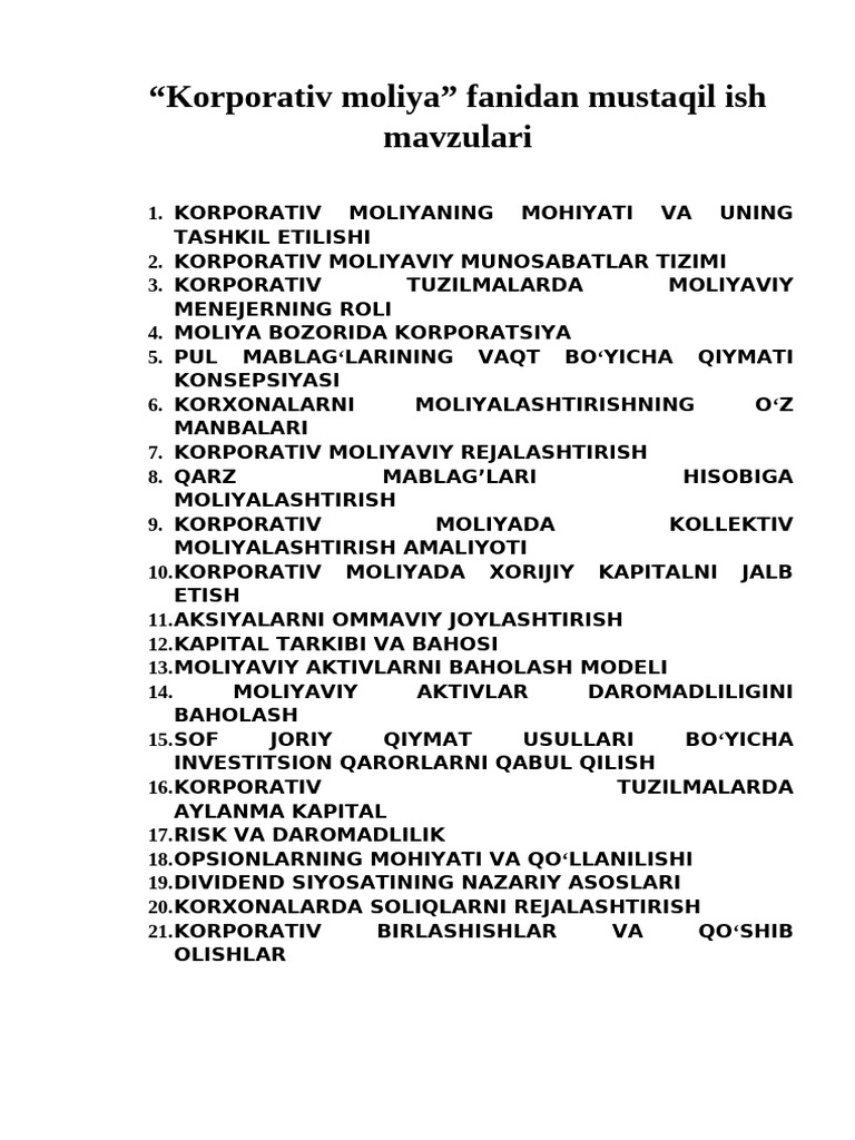 Korporativ moliya fanidan mustaqil ish mavzulari | PDF