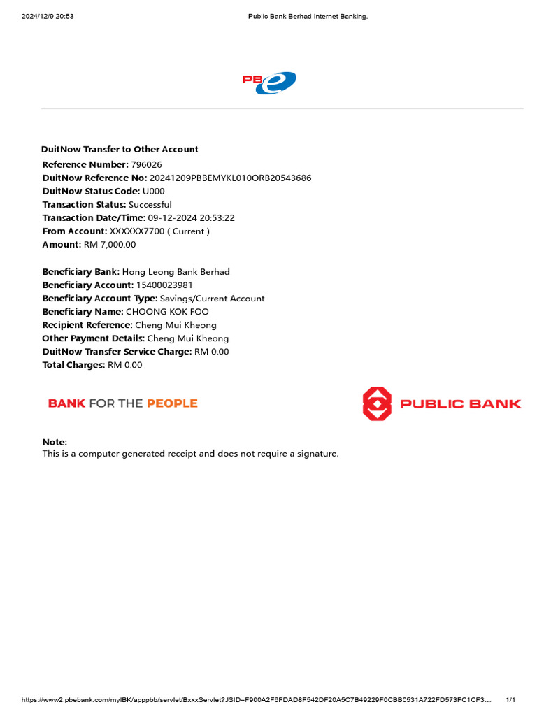 DuitNow Transfer Receipt 2024 | PDF