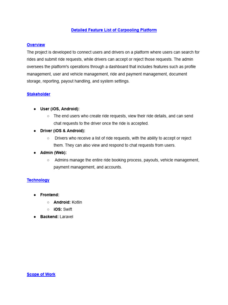 Detailed Feature List of Carpooling Platform | PDF | Ios | Facebook