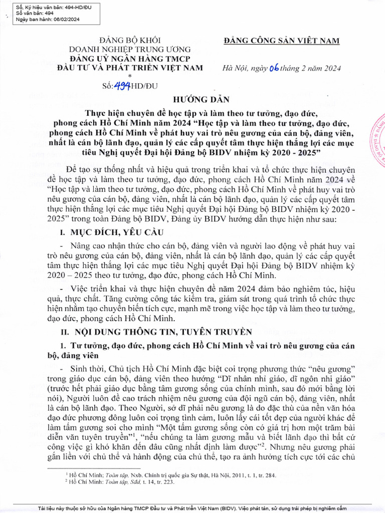 494 HD DU hoc tap va lam theo tu tuong dao duc phong cach HCM nam 2024 | PDF