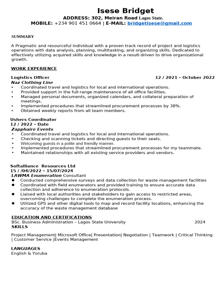 Isese Bridget Resume | PDF
