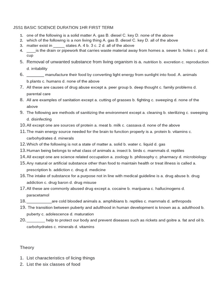 JSS1 Basic Science First Term | PDF | Drugs | Foods