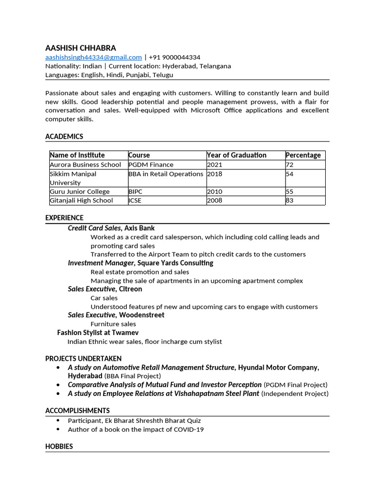 resume sales Ashish | PDF