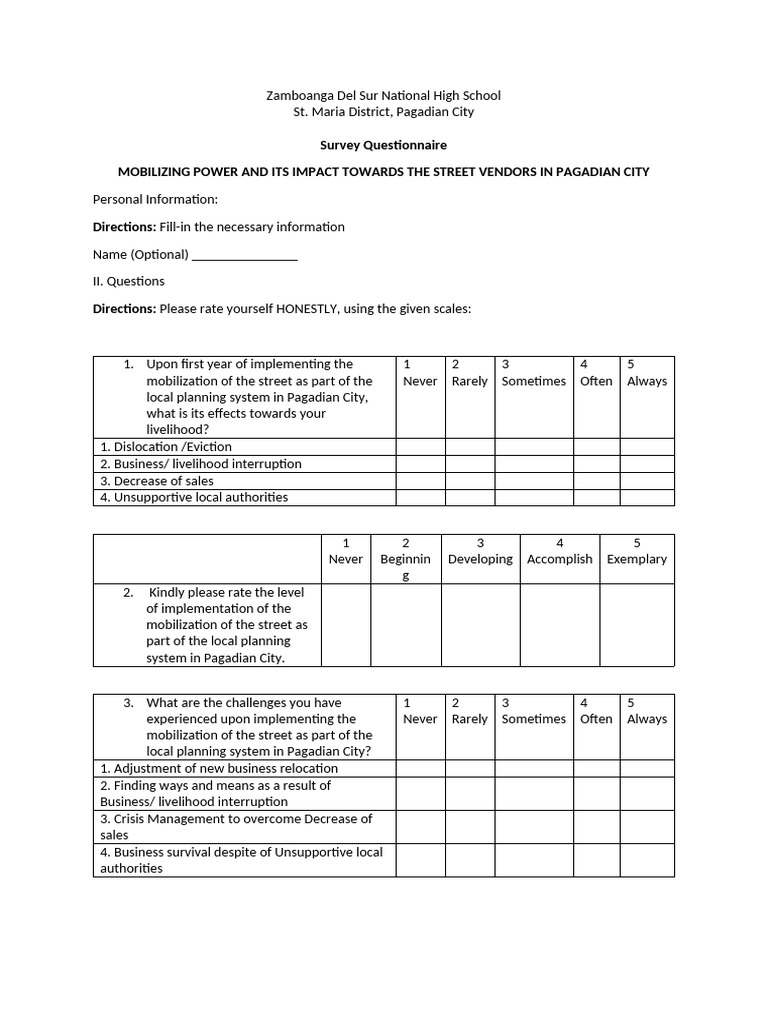 SURVEY QUESTIONNAIRE Example | PDF