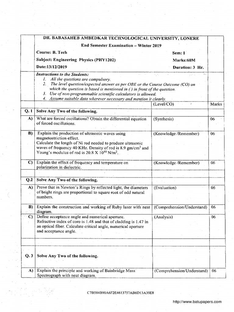 Btech 1 Year Engineering Physics Phy1202 Dec 2019 | PDF