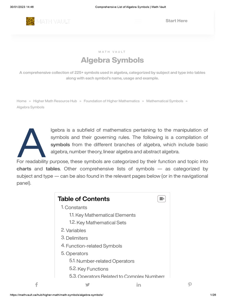 Comprehensive List of Algebra Symbols - Math Vault | PDF | Algebra ...