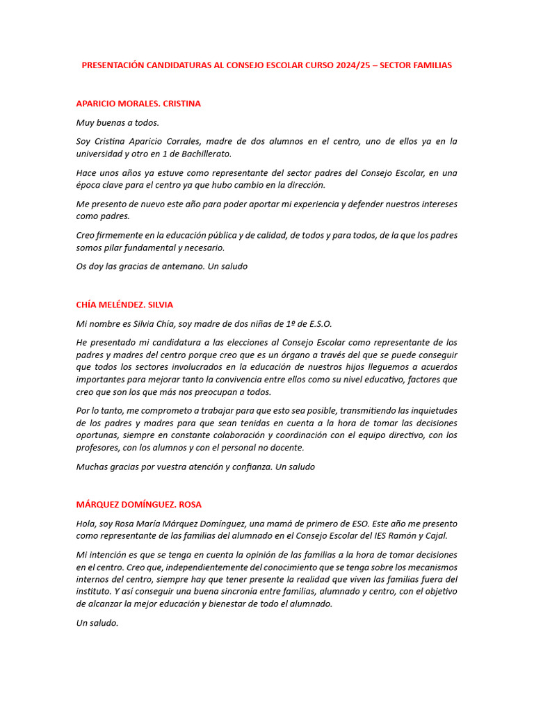 Presentacion Candidaturas Sector Familias Consejo Escolar Dic.2024 | PDF