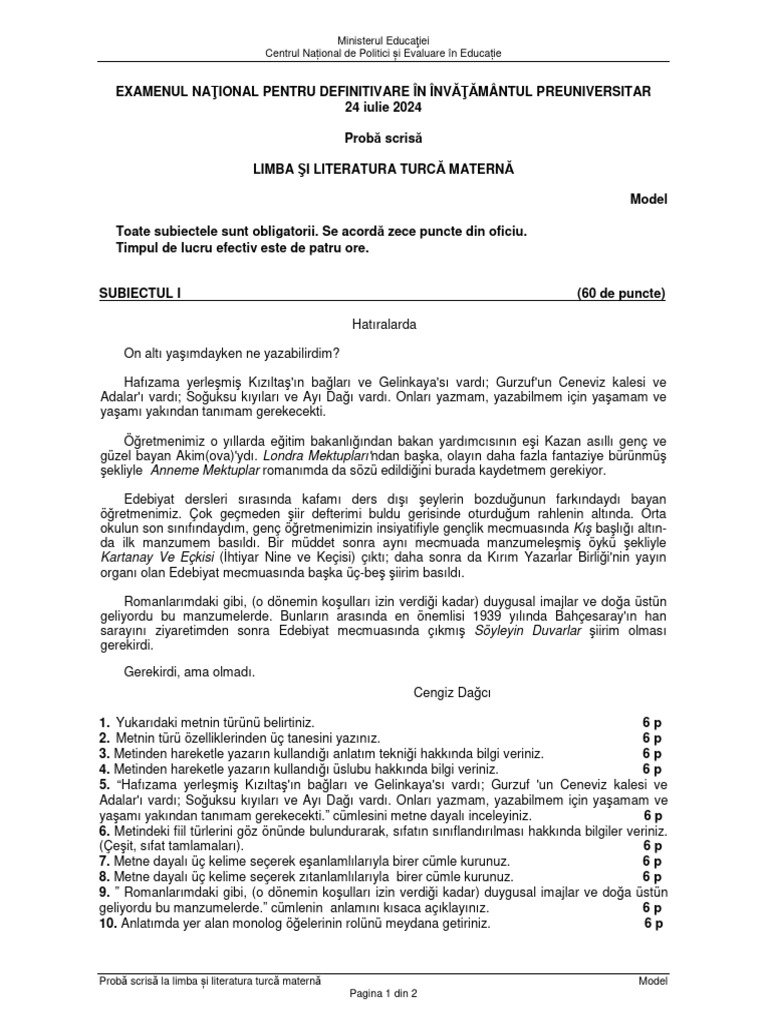 Def 081 Limba Turca Materna P 2024 Var Model | PDF