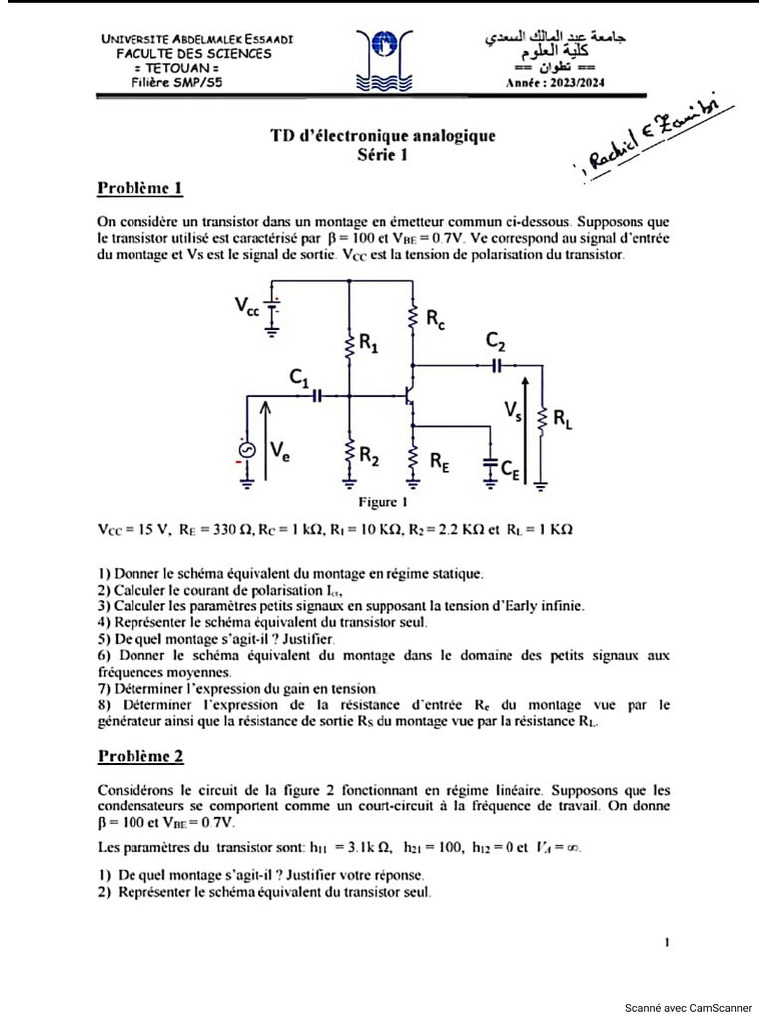 Corrigée Complet Serie 1 Éléctronique Analog 2023 2024 | PDF