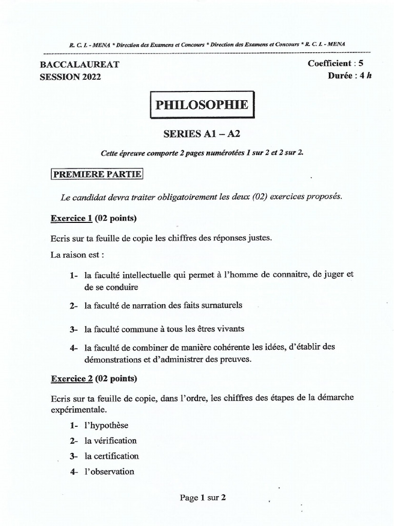 RCI BAC 2022 Philosophie Series A1 A2 | PDF