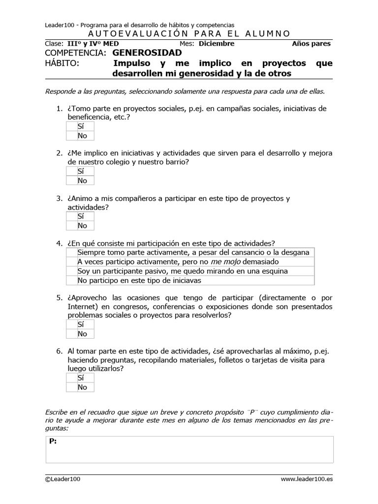 Autoevaluation - Generosidad | PDF