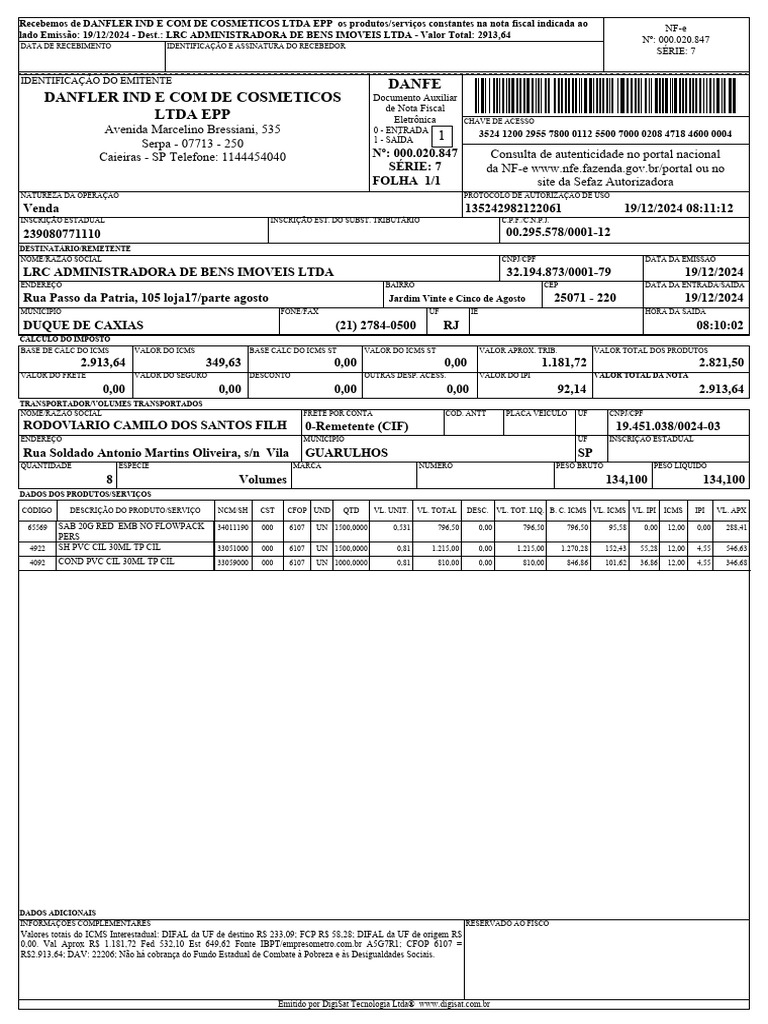 35241200295578000112550070000208471846000004-DANFe | PDF | Recibo | Brasil