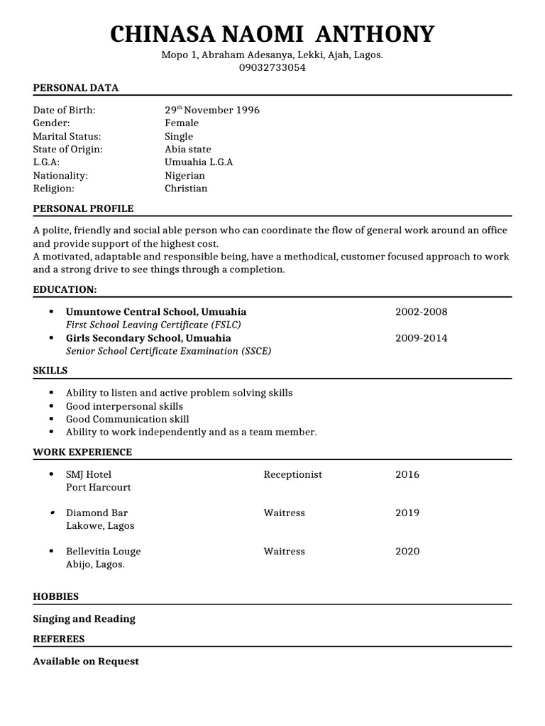 CHINASA NAOMI ANTHONY cv | PDF