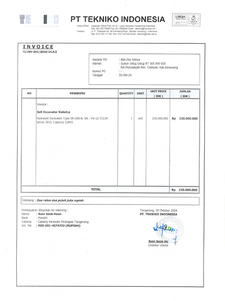 Inv. Sell Excavator YN-12-T2139 | PDF