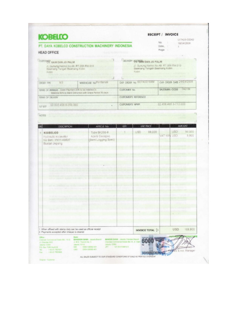 Invoice Kobelco 2 Unit | PDF