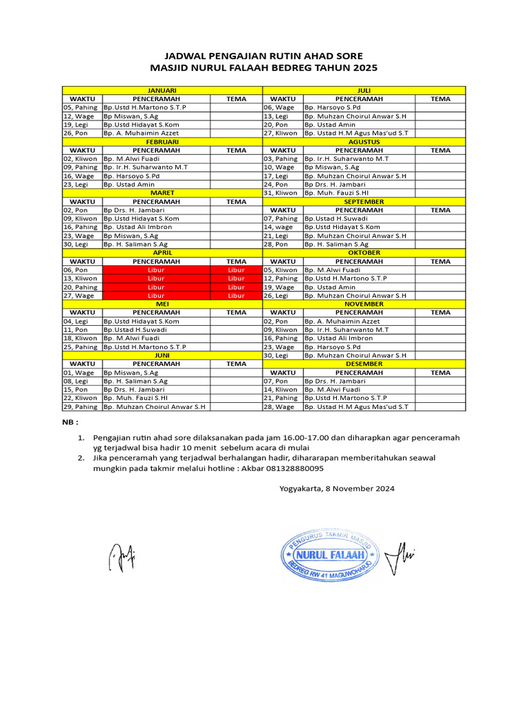 2025-Jadwal Pengajian Rutin Ahad Sore | PDF