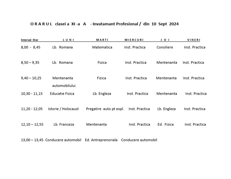 o r a r u l Clasei a Xi -A A | PDF