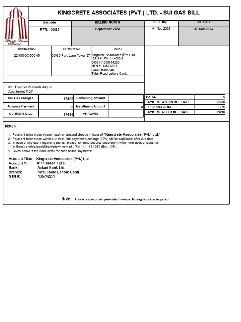 Kingcrete Associates Sui Gas Bill 2024 | PDF