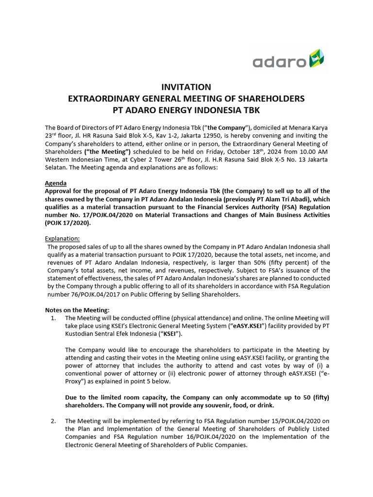 2024 09 26 ADRO ENG Undangan RUPSLB Transaksi Afiliasi | PDF | Power Of Attorney | Government