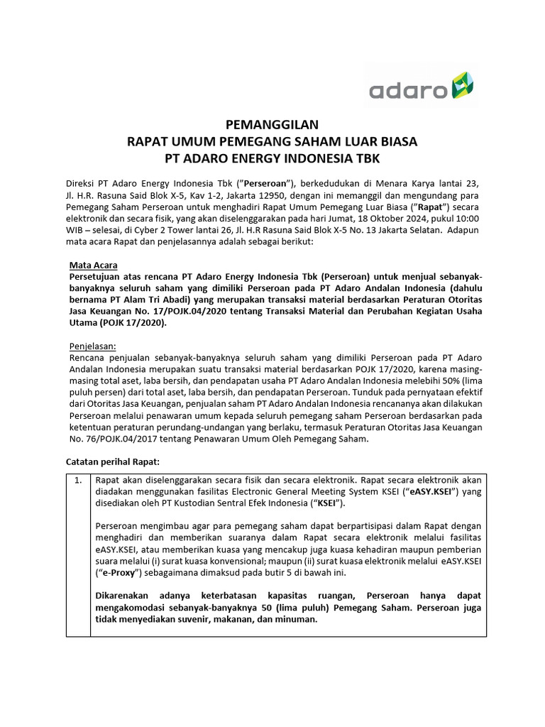 2024 09 26 ADRO IND Undangan RUPSLB Transaksi Afiliasi | PDF