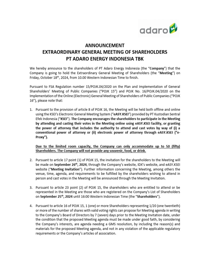 2024 09 11 ADRO ENG Pengumuman RUPSLB Transaksi Afiliasi | PDF | Articles Of Association ...