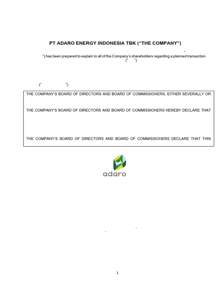 2024 09 11 ADRO ENG Keterbukaan Informasi Terkait Transaksi Material | PDF | Equity (Finance ...
