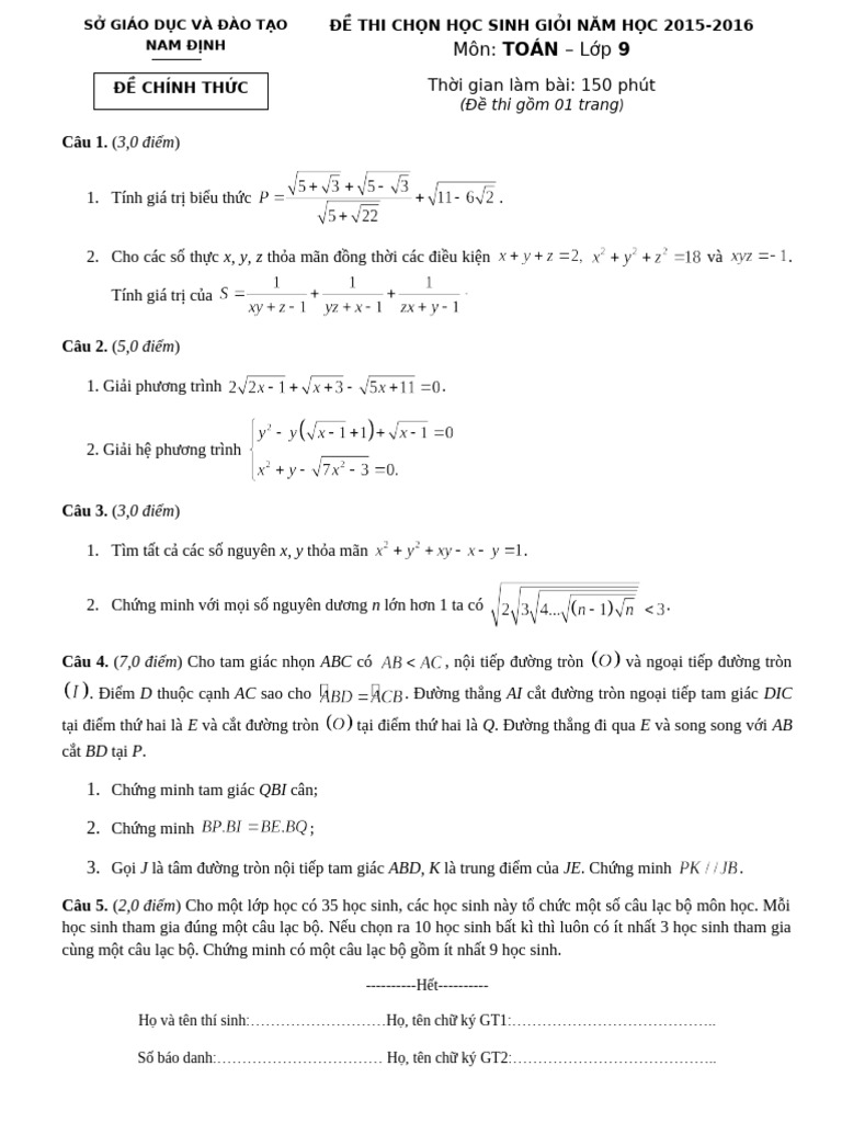 _ VÀ ÁP ÁN HSG TOÁN 9 T NH NAM NH N M H C 2015-2016 | PDF