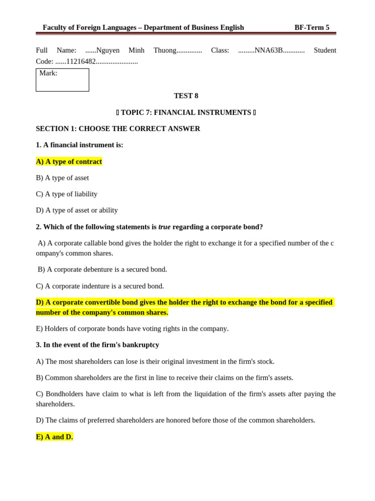 Test 8 | PDF | Stocks | Bonds (Finance)