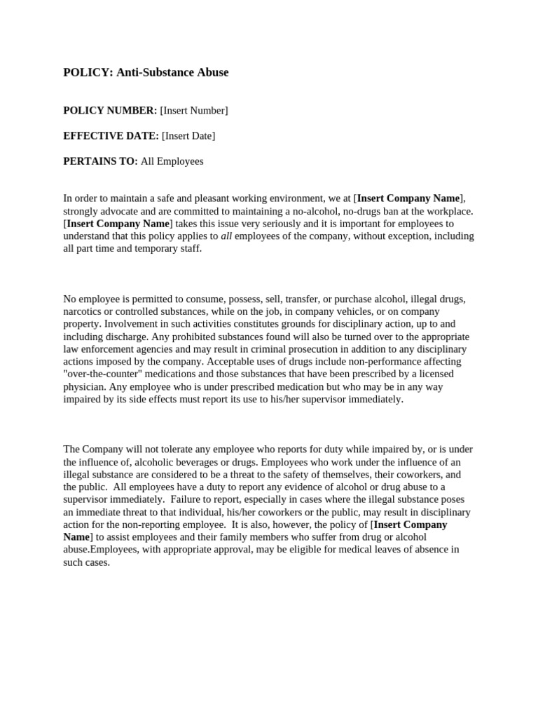 Anti-Substance Abuse Workplace Policy | PDF